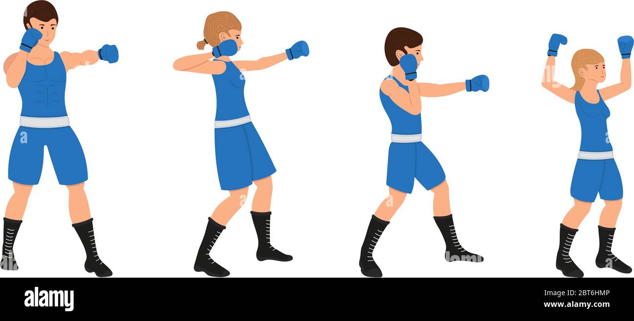 Boxing family, Man, woman, boy and girl are engaged in boxing. Father ...