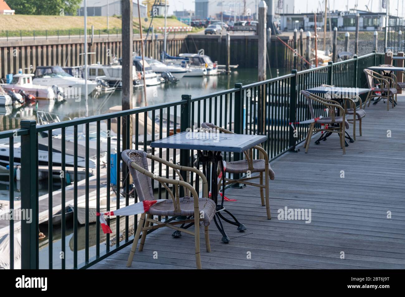 Closed cafe restaurant prepared for reopening June 1, 2020 in according ...