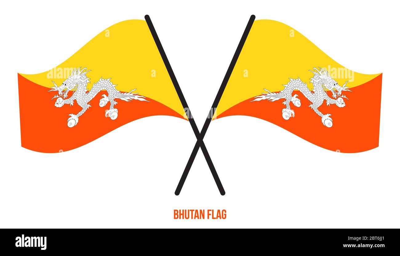 Two Crossed Waving Bhutan Flag On Isolated White Background. Bhutan ...