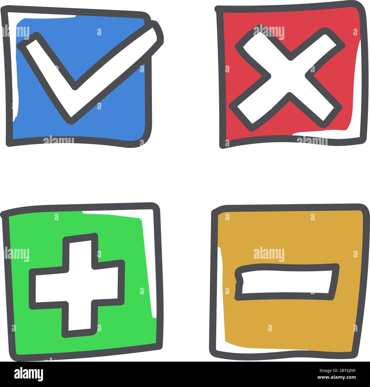 Plus, minus, checkmark and cross marks vector doodle illustration Stock ...
