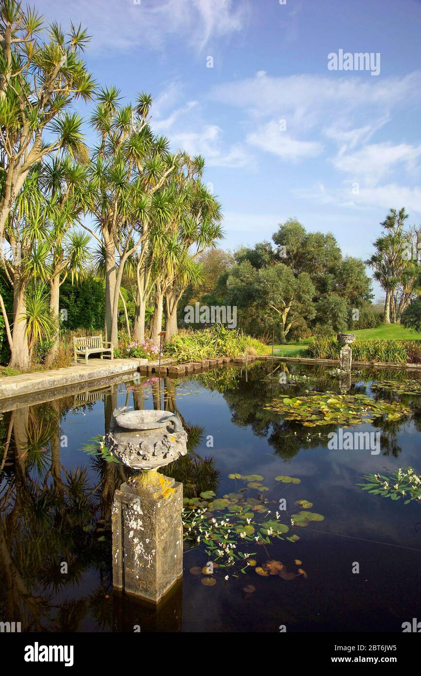 Pond at Logan Botanic Garden with font in pond, Rhinns of Galloway ...