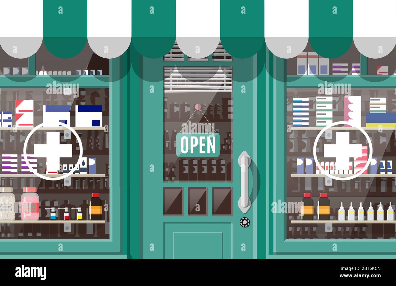 Facade pharmacy store with door. Exterior of drugstore. Medicine pills ...