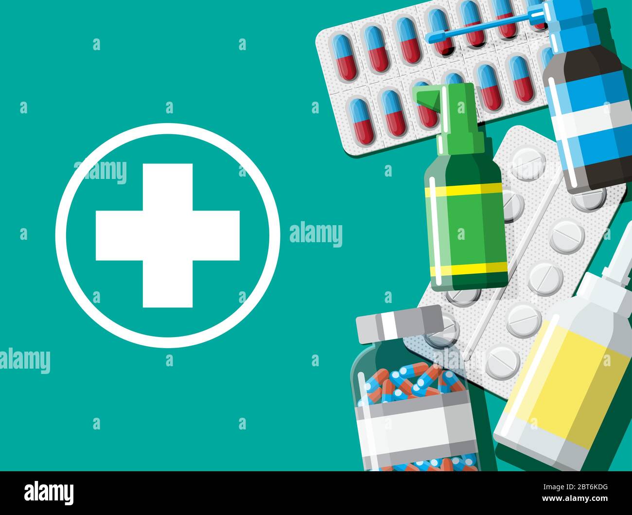 Medicine collection. Set of bottles, tablets, pills, capsules and ...