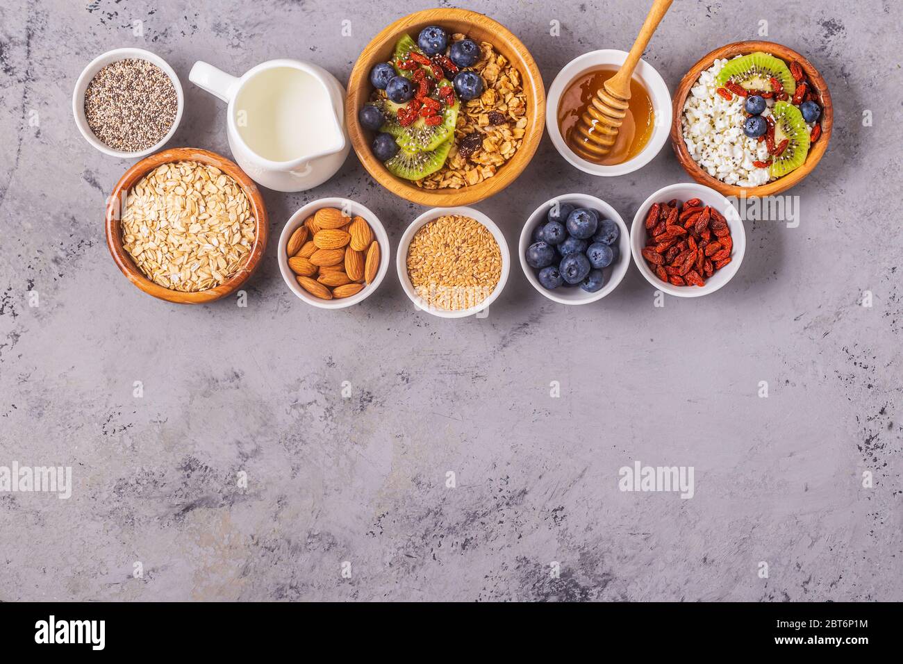 Healthy breakfast ingredients, top view, copy space Stock Photo - Alamy