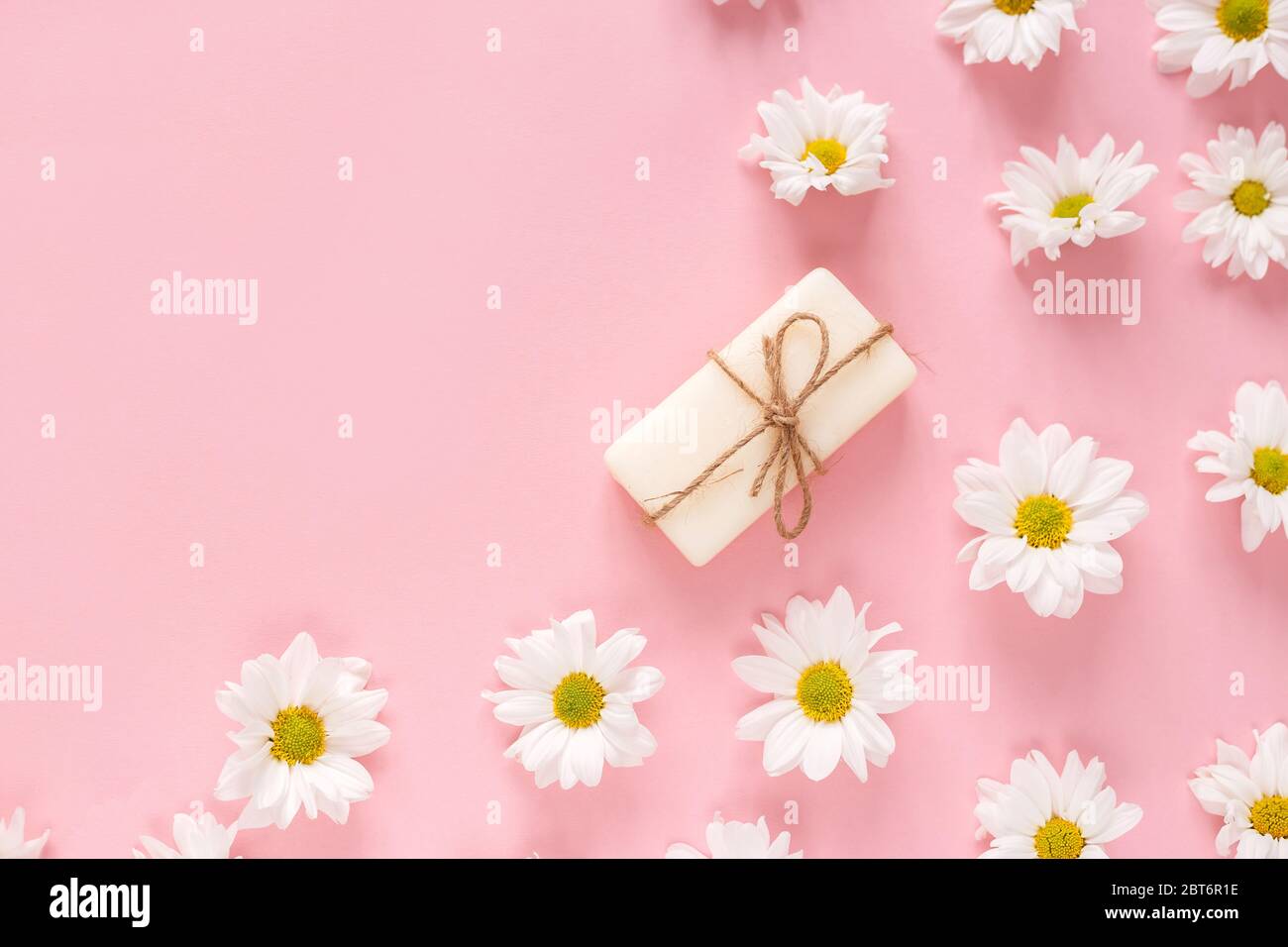Flat lay composition with hand made soap bars and lavender flowers on ...