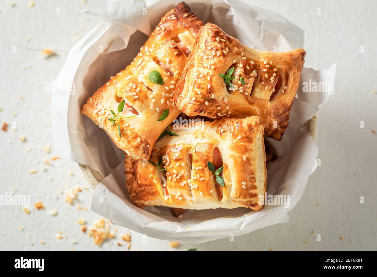 Top down view of sausage in puff pastry Stock Photo - Alamy