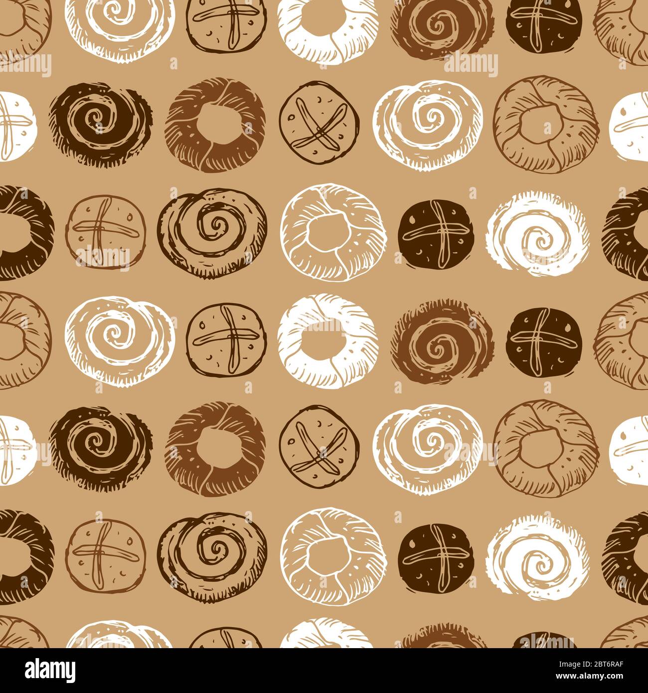 Vector brown hand drawn cinnamon roll, sweet buns and donut seamless ...