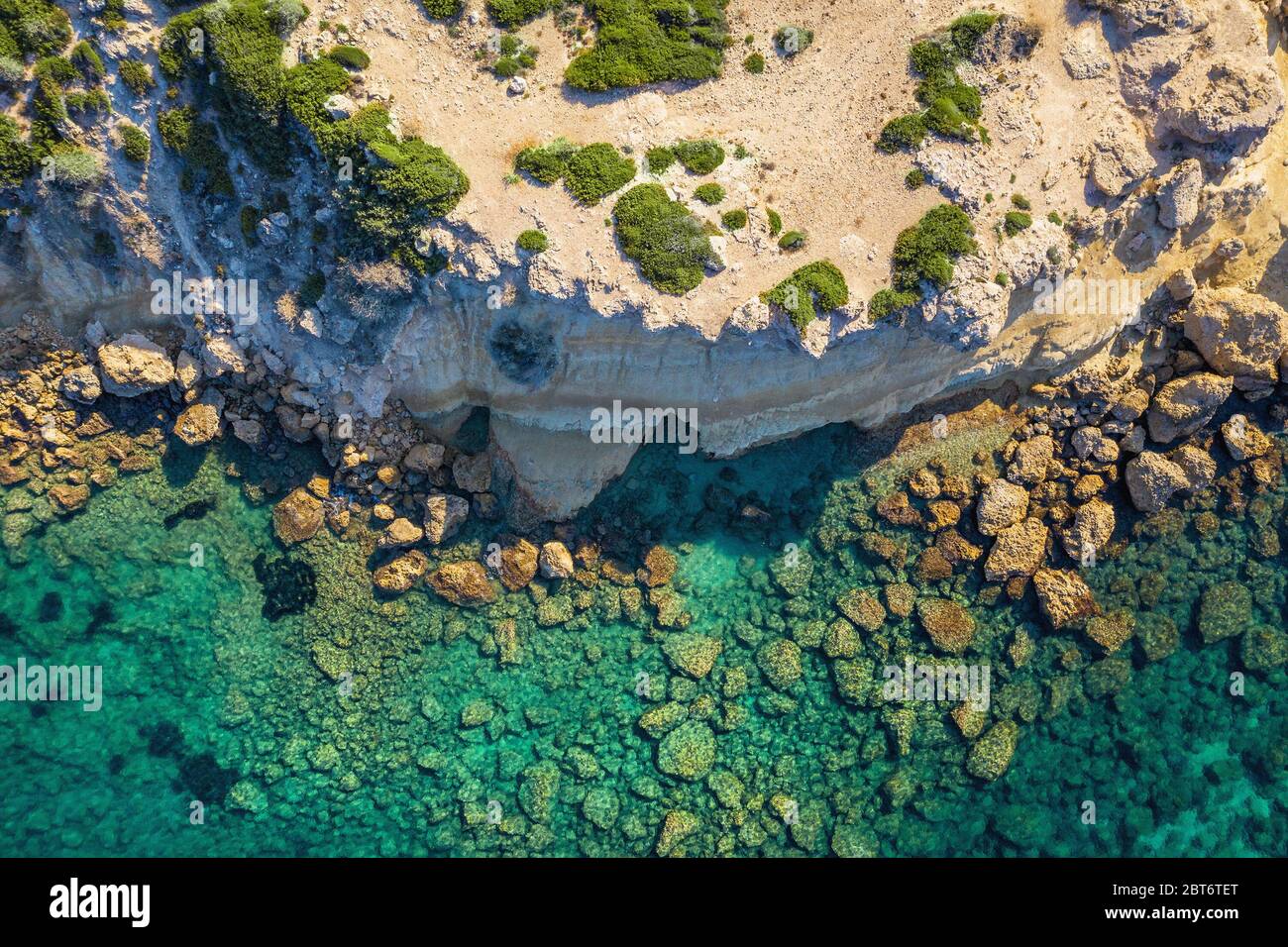 Sea aerial top view, amazing azure water nature background with rock ...