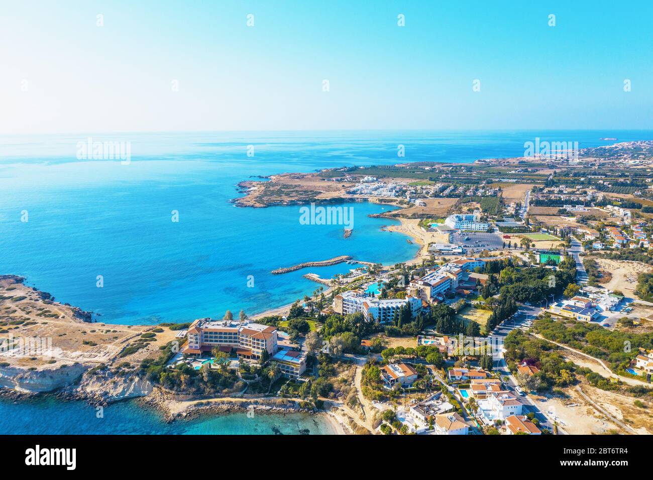 Aerial panoramic view of Cyprus landscape with hotels, bays with ...