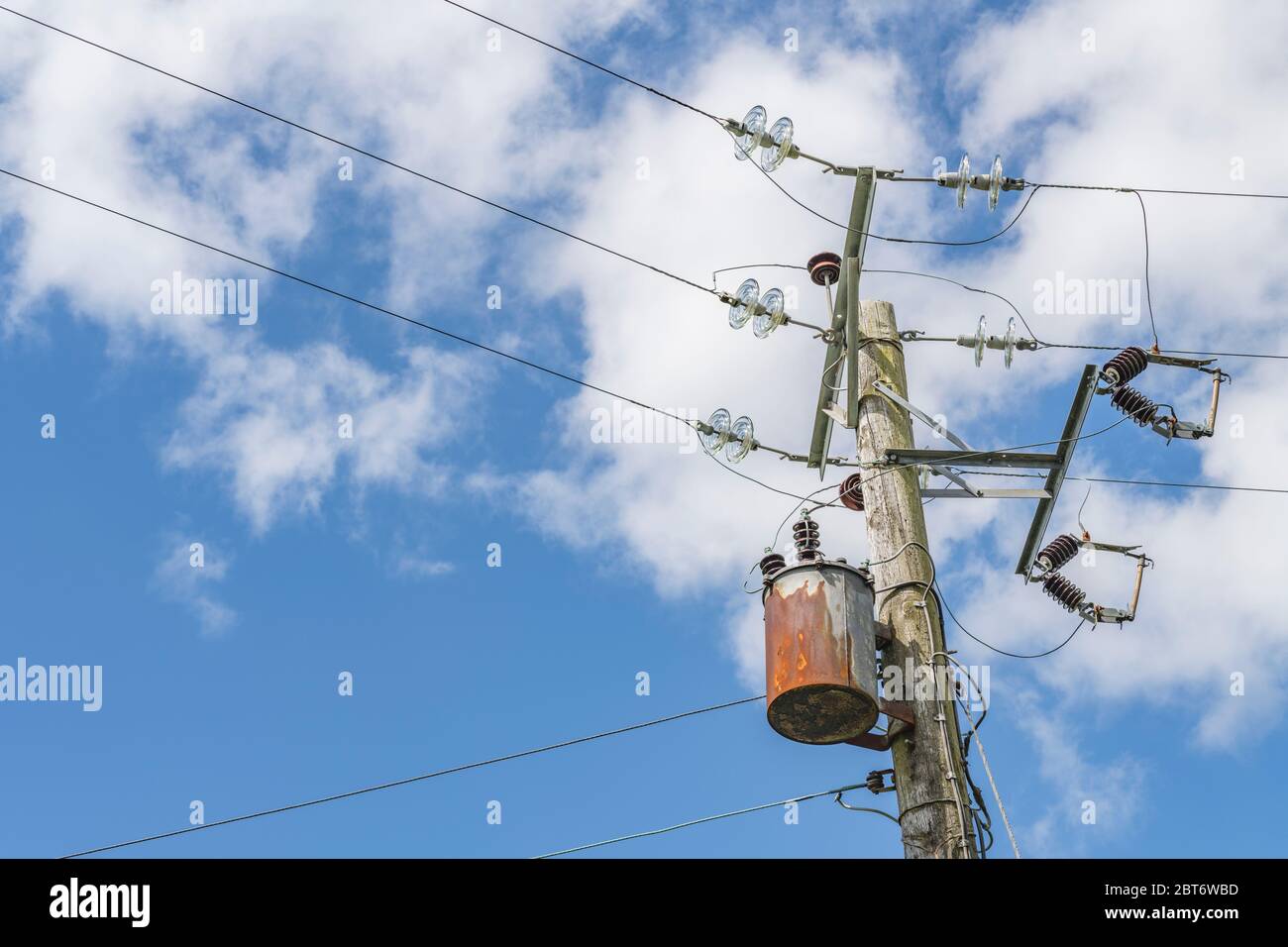 Domestic electricity distribution utility pole in rural Cornwall, with ...