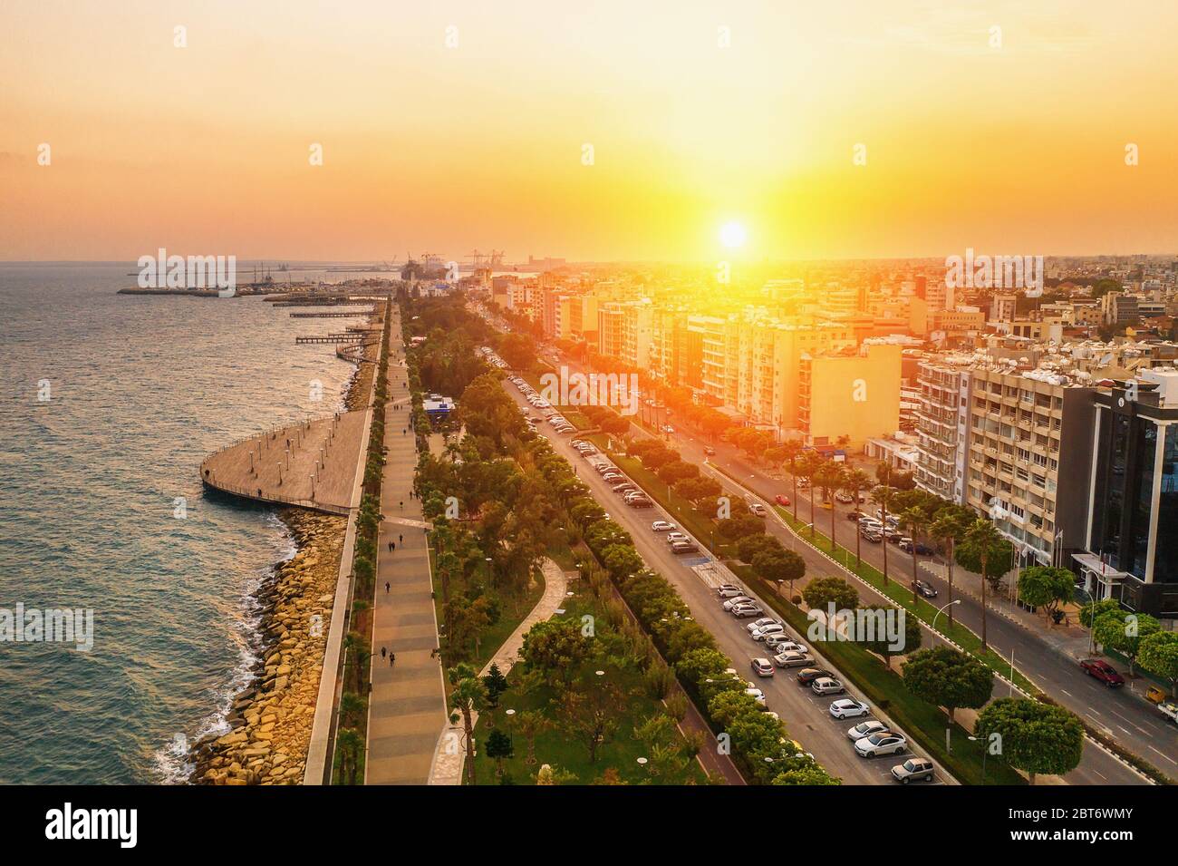 Aerial view of Limassol city coast in Cyprus. Walk path Molos Park with ...