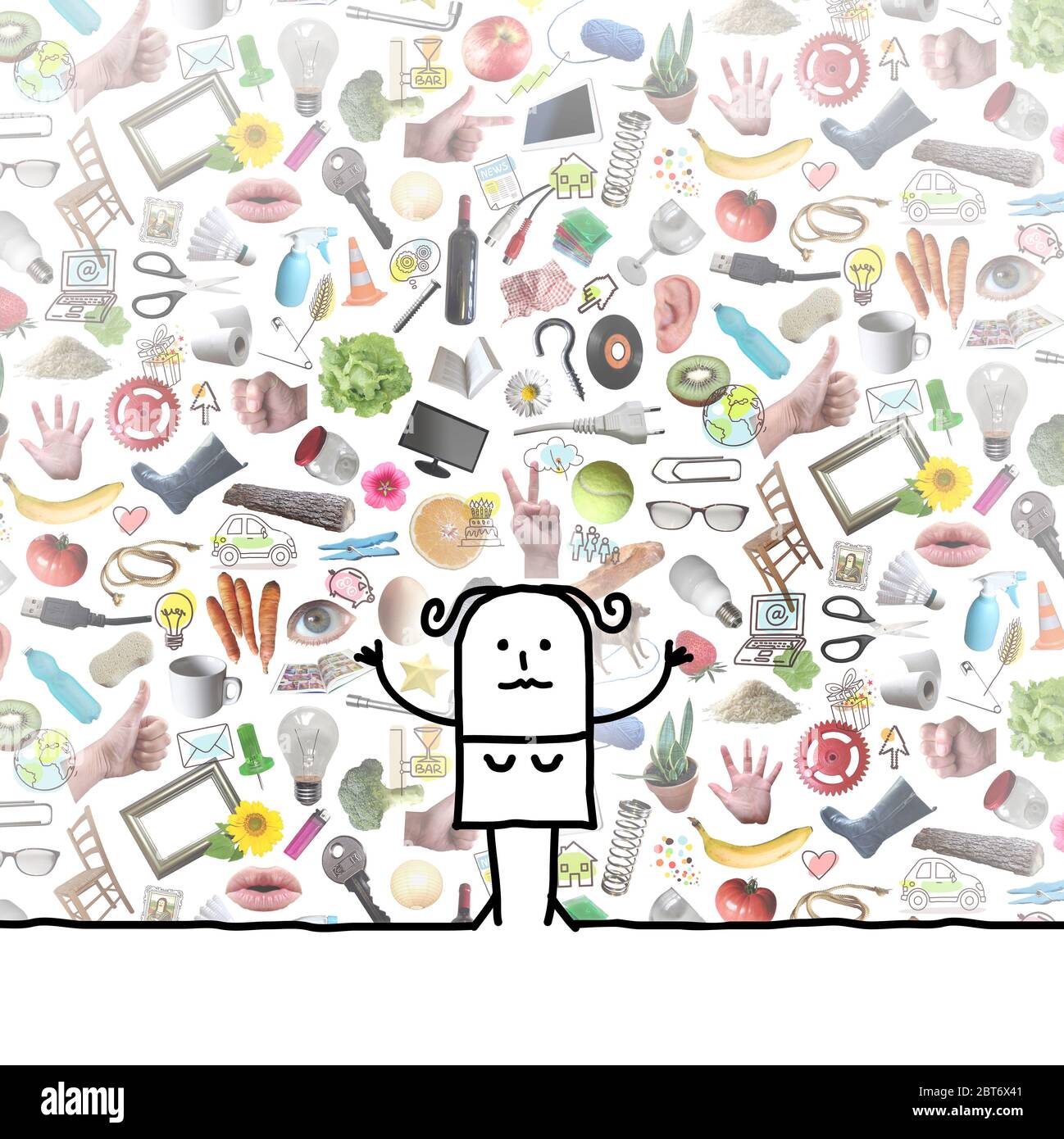 hand drawn Cartoon woman with collage of plenty colorful daily objects ...