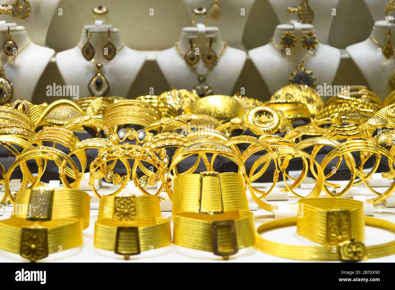 Bracelets on a show window jewelry store, gold jewelry in grand bazaar ...