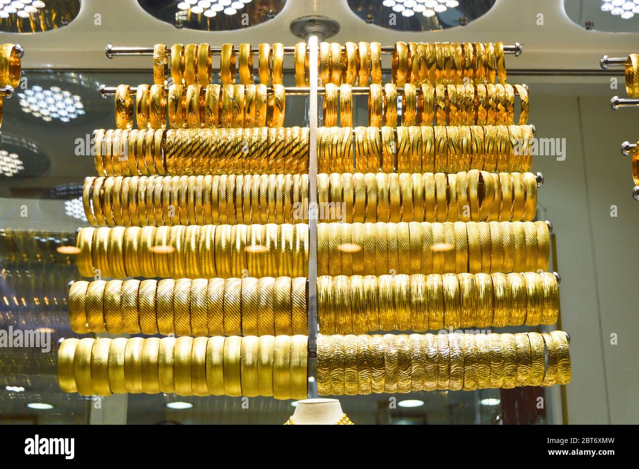 Bracelets on a show window jewelry store, gold jewelry in grand bazaar ...