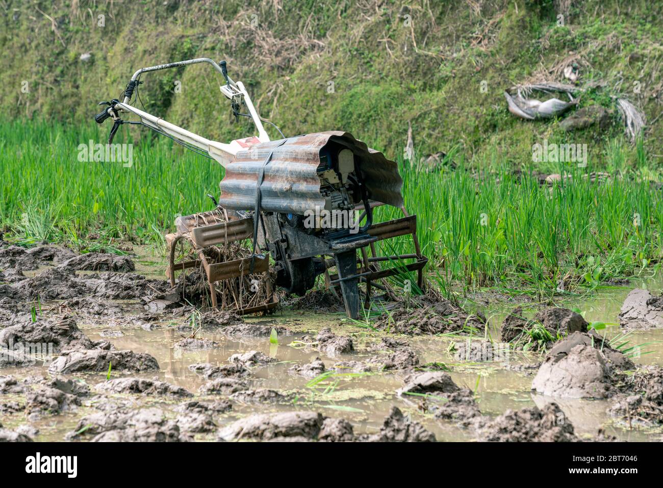 Close view at small portable rusty old agriculture tractor standing on ...