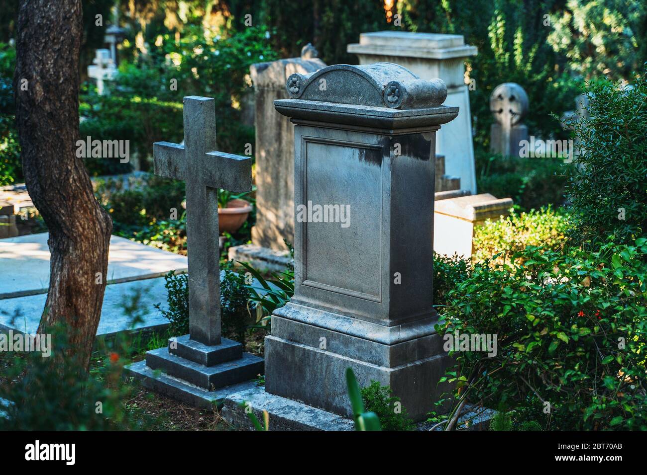 Tombstones in cemetery among green plants. Old graves in Italian ...