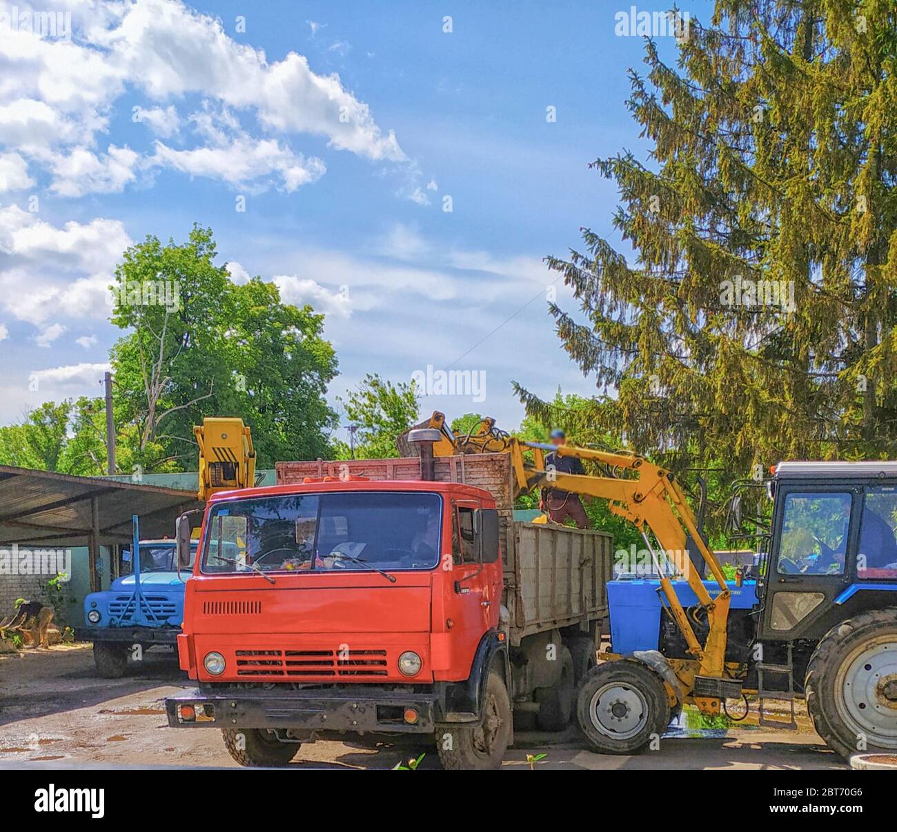 Wheel tractor loading a truck waste after cutting down trees. Cleaning ...
