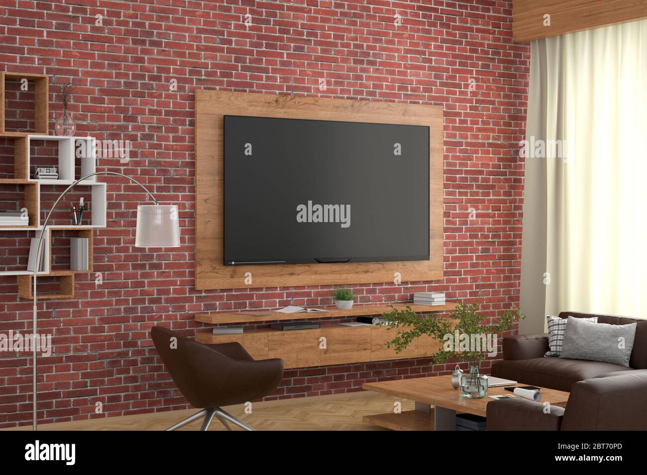 TV screen on the red brick wall with wooden plate above the cabinet in ...