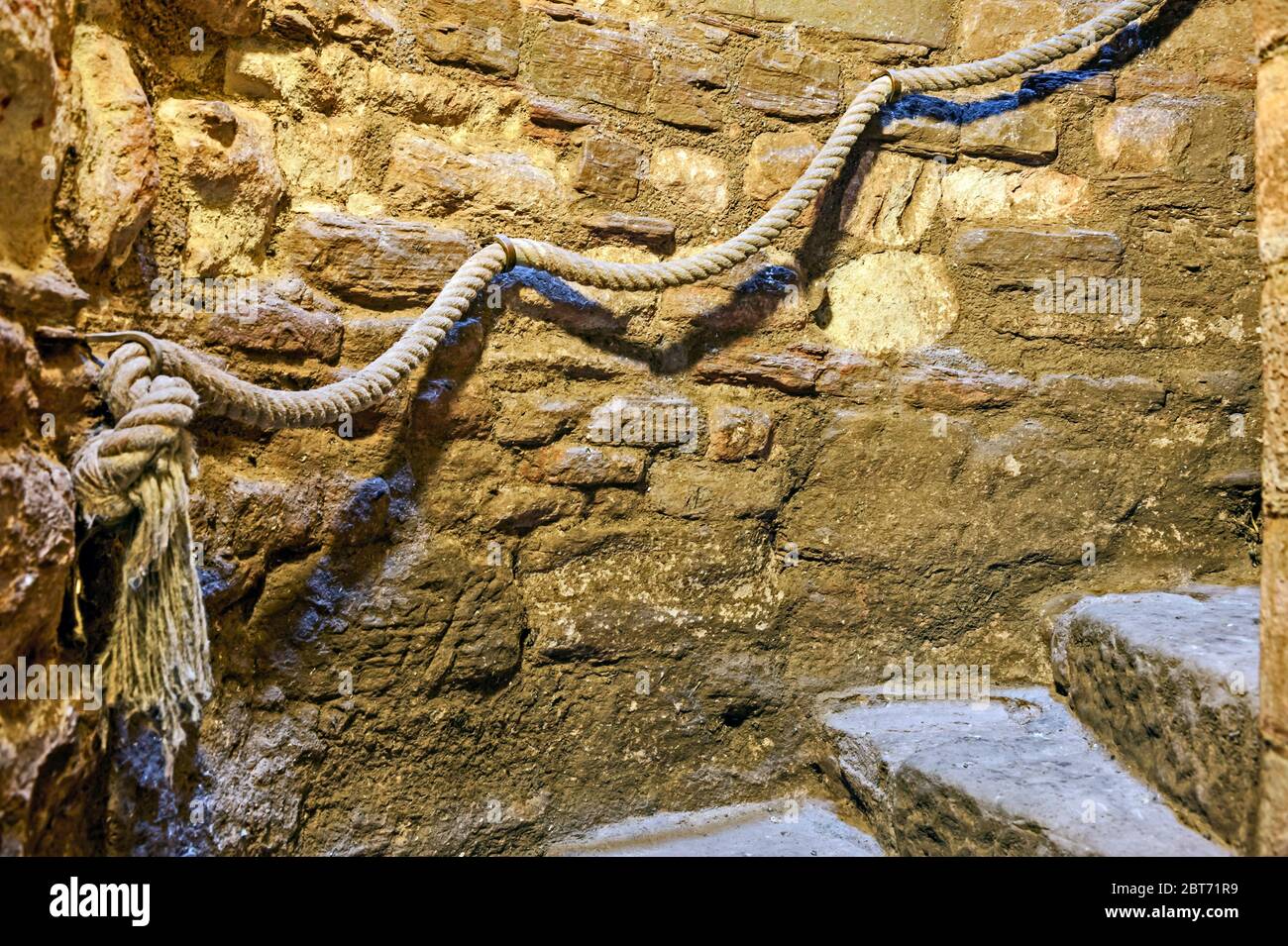 Stone stairwell with rope bannister, 14th Century ruined fortress ...