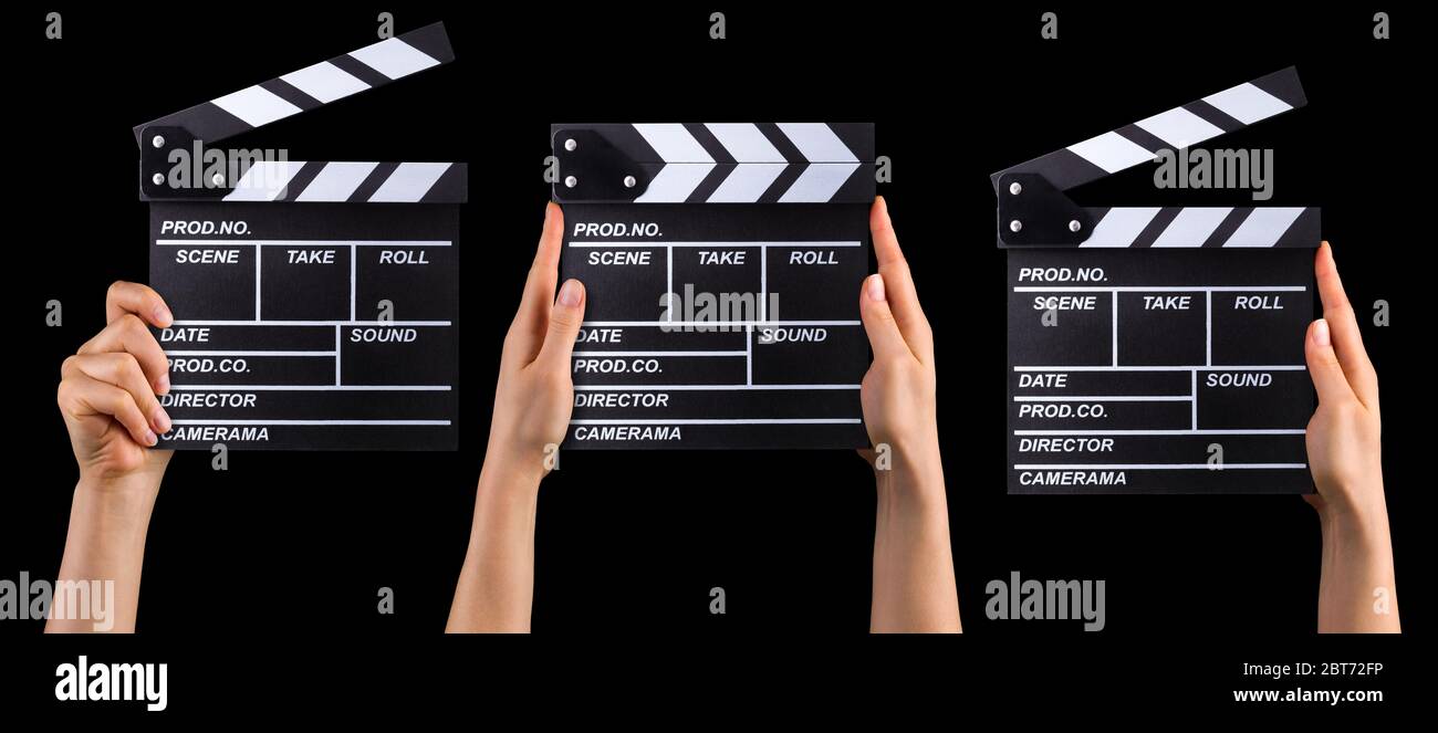 Set of film clapper boards and human hands isolated on black background ...