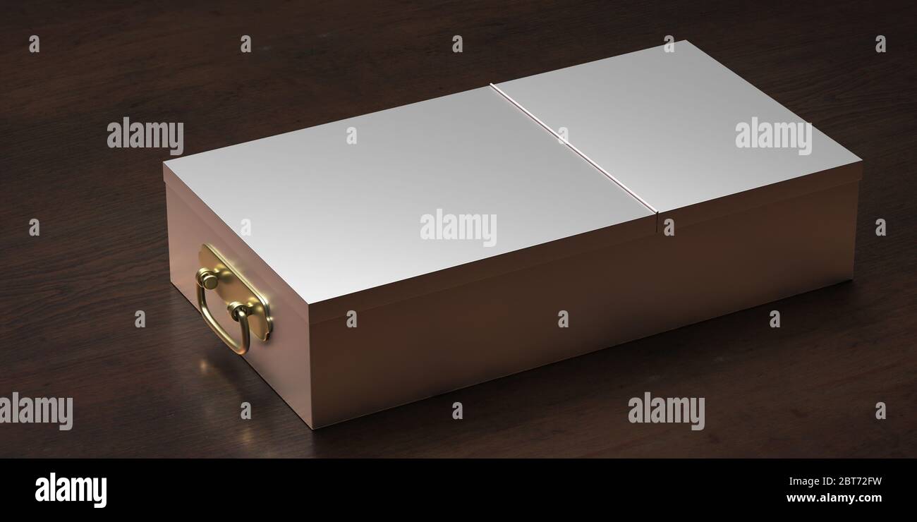 Safe deposit drawer closed on a wooden table background. Valuables bank ...