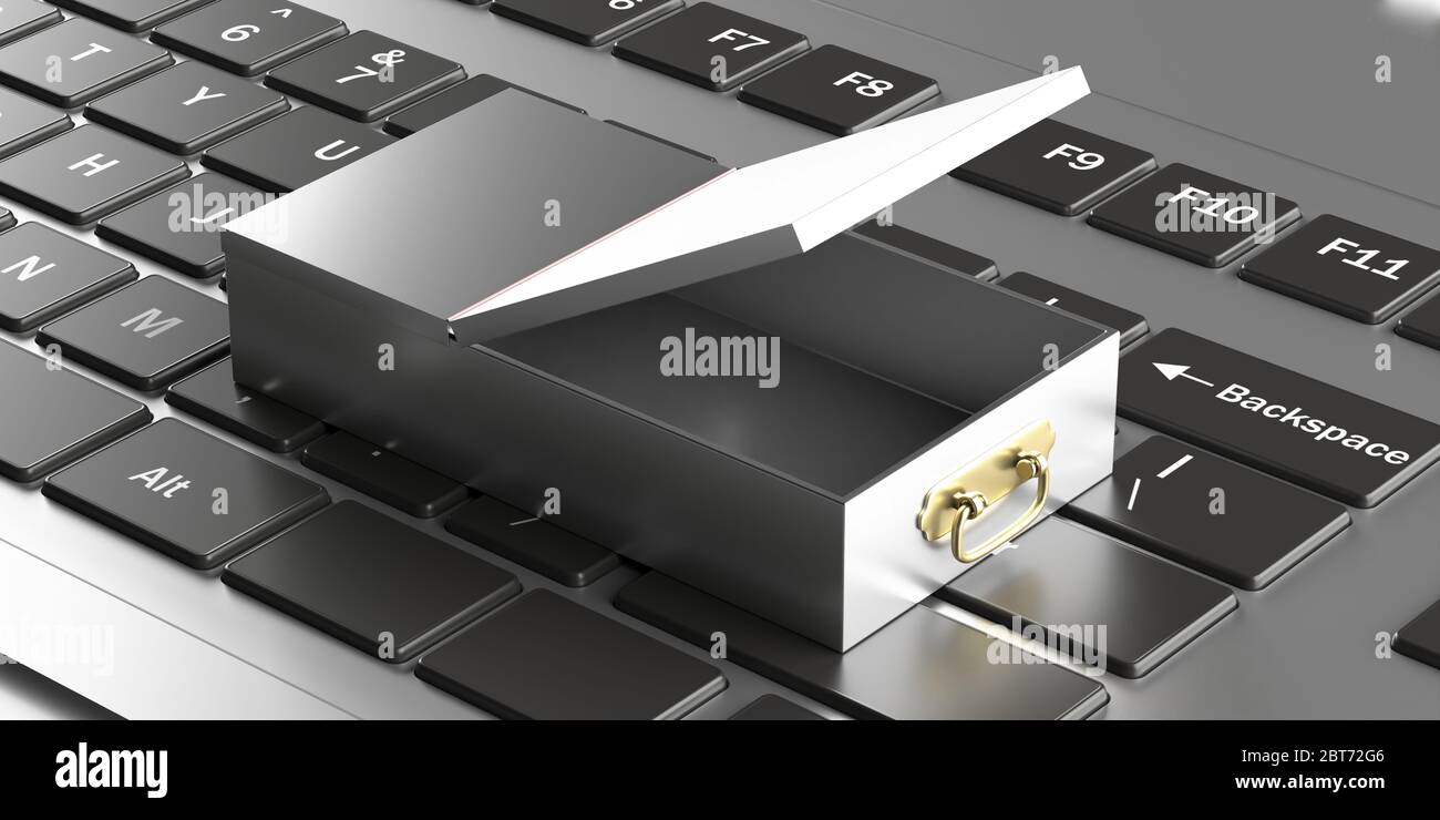 Safe deposit drawer open empty on computer laptop background. Online ...