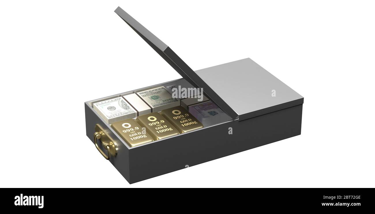 Safe deposit drawer full of money cash and gold ingots isolated cutout ...