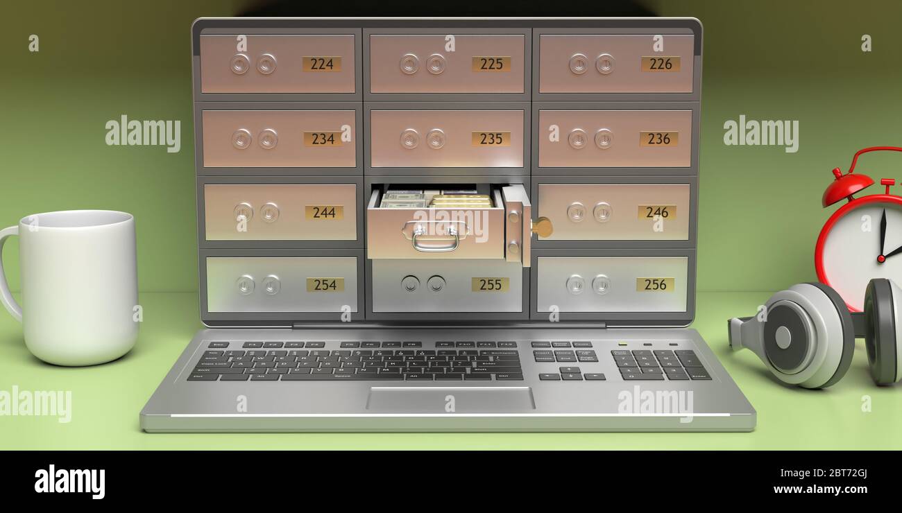 Safe deposit boxes and open drawer full of vlaluables on computer ...