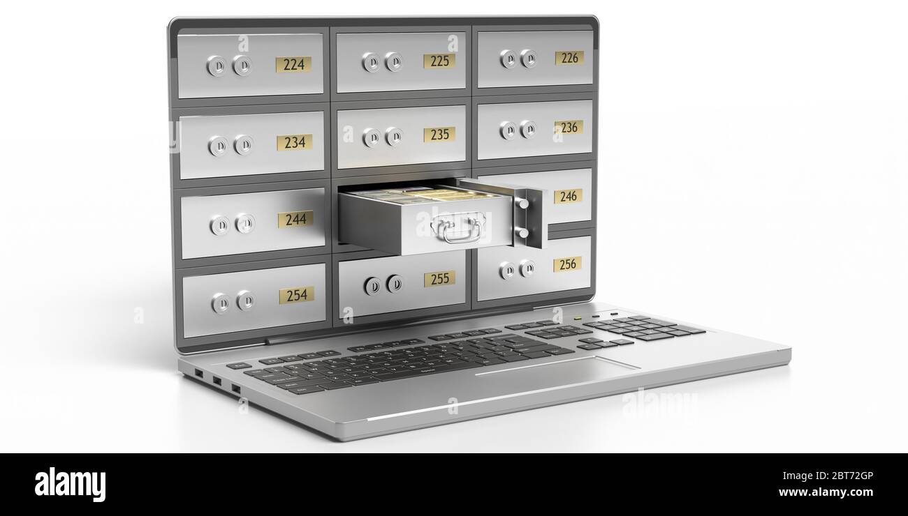 Safe deposit boxes and open drawer on computer laptop screen isolated ...
