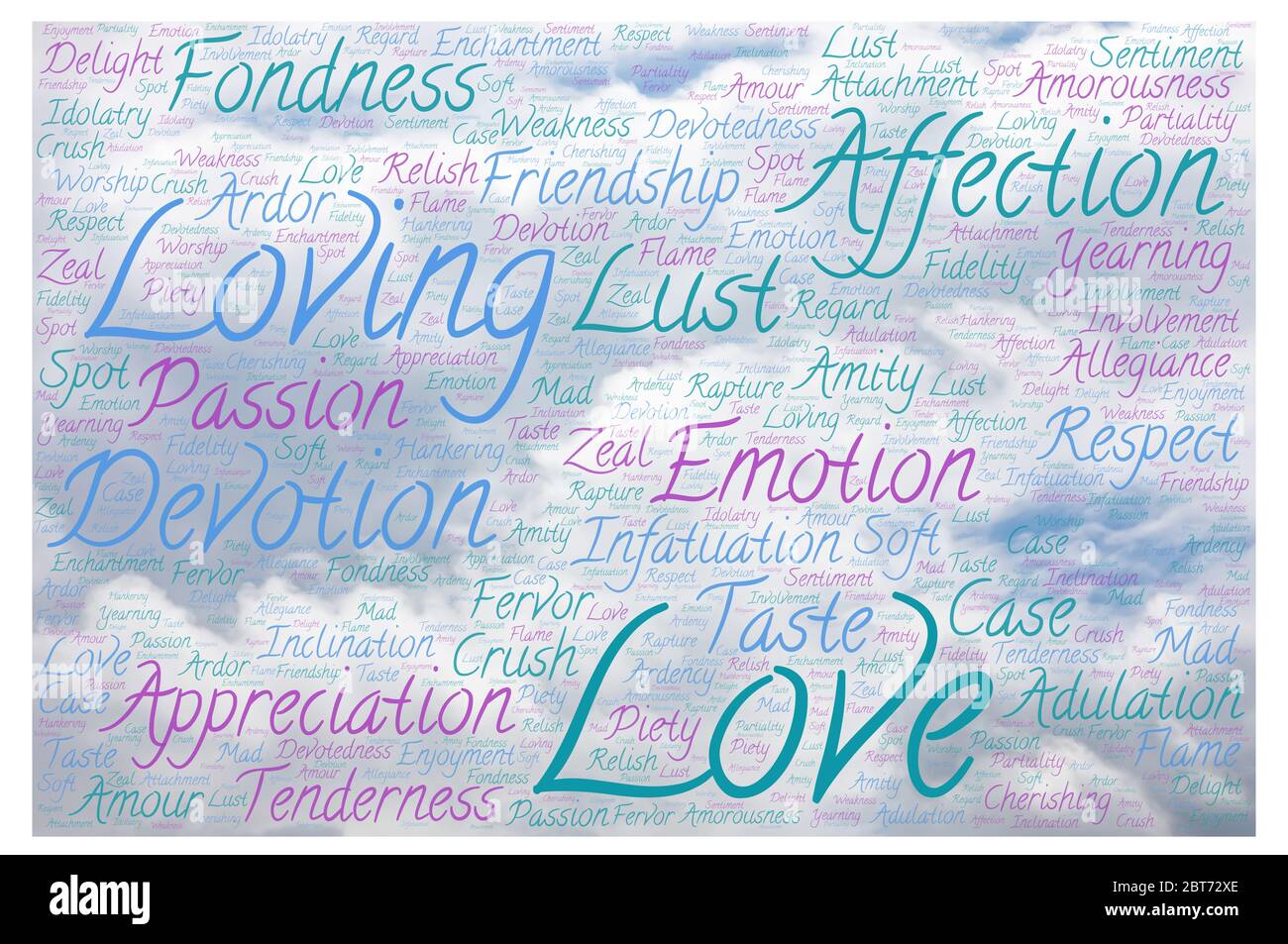 Love word cloud in the shape of a square with fluffy clouds in the ...