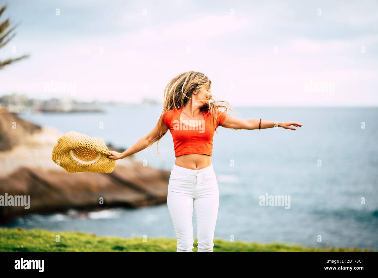 Happiness and joyful freedom people concept - young beautiful slim ...