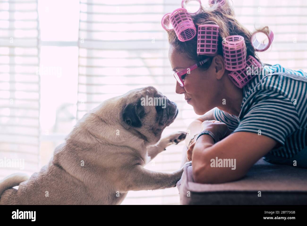 Love and pet therapy concept with home scene woman and best friend dog ...