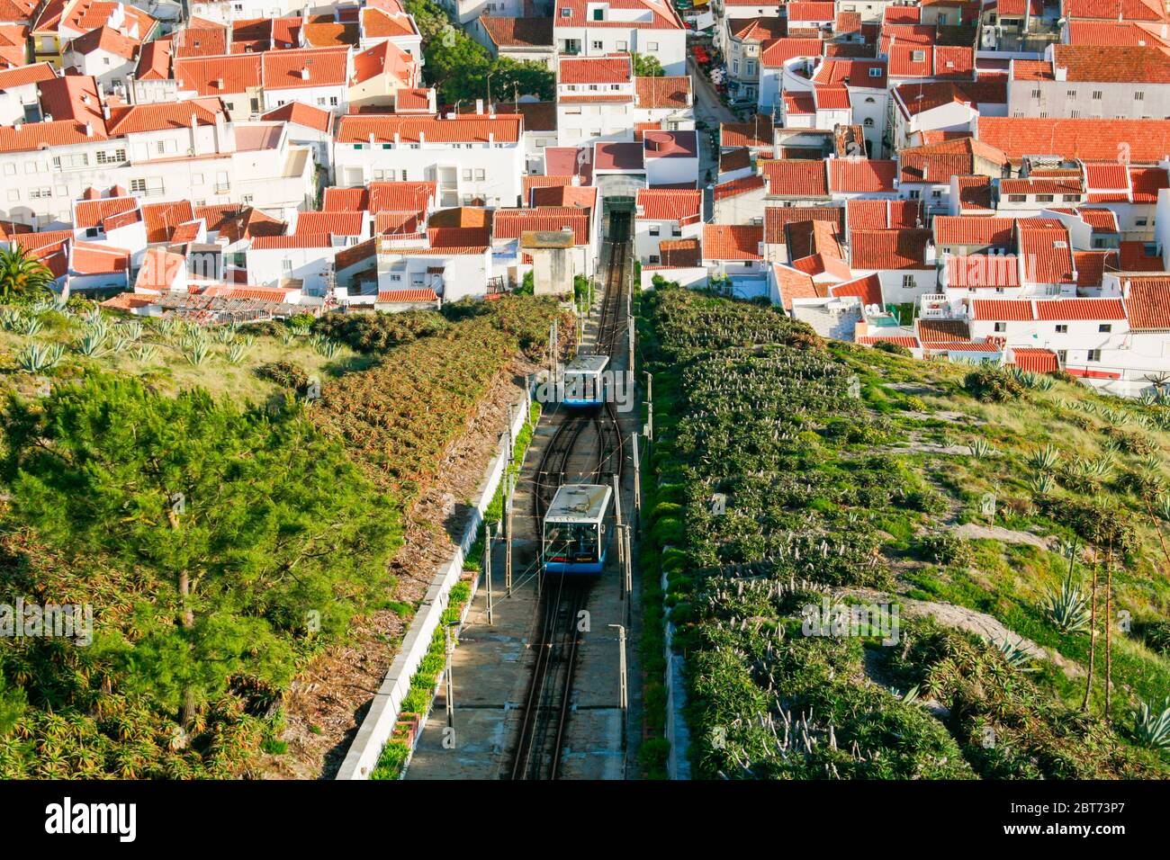 Cablecars at the intersection of the railway track from Nazare to O ...