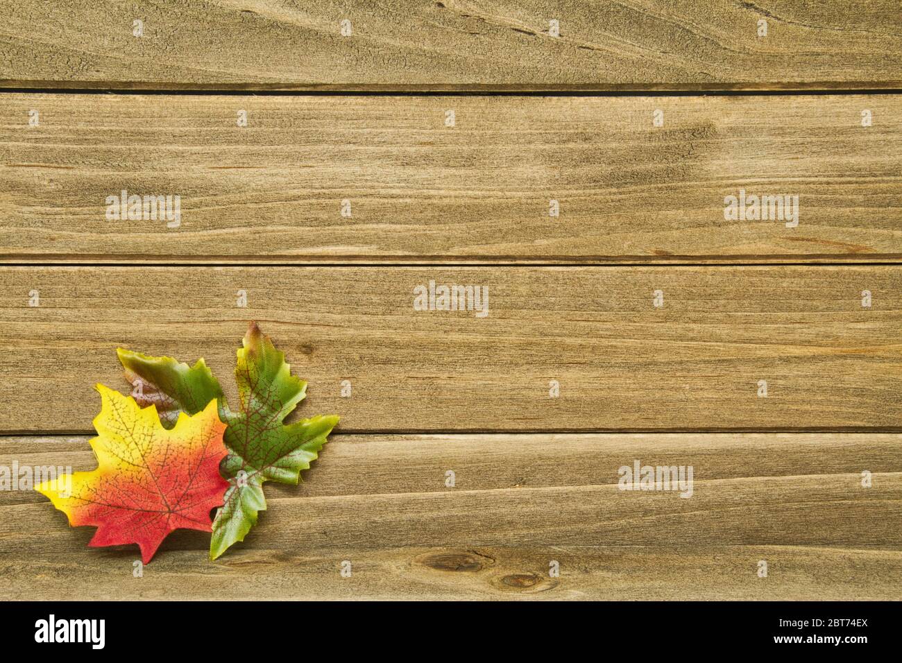Horizontal rustic wood planks with leaves background Stock Photo - Alamy