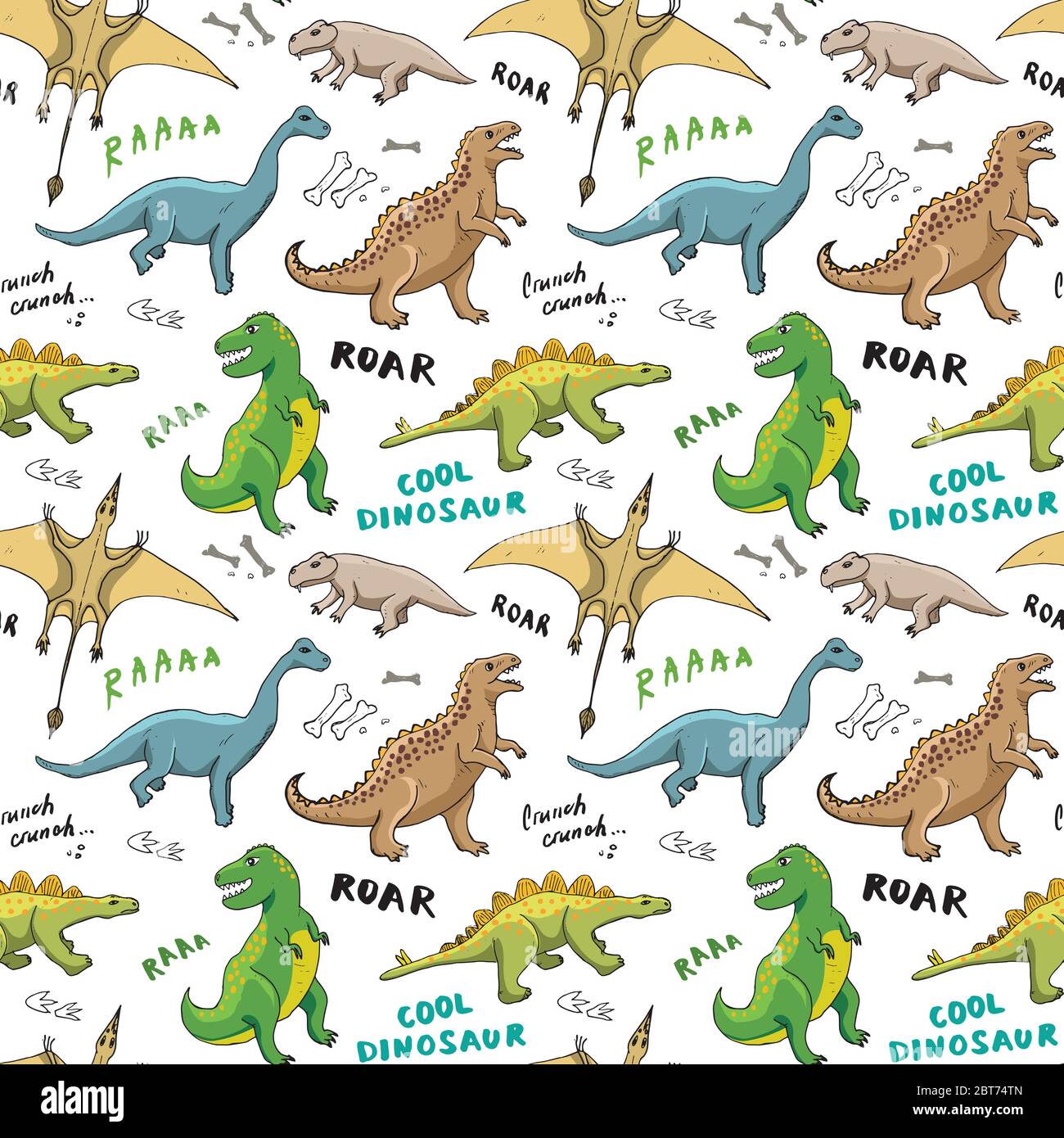 Dino Seamless Pattern, Cute Cartoon Hand Drawn Dinosaurs Doodles Vector Illustration Stock ...