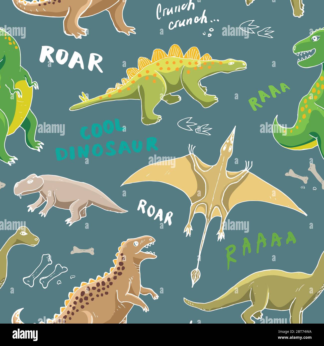 Dino Seamless Pattern, Cute Cartoon Hand Drawn Dinosaurs Doodles Vector Illustration Stock ...