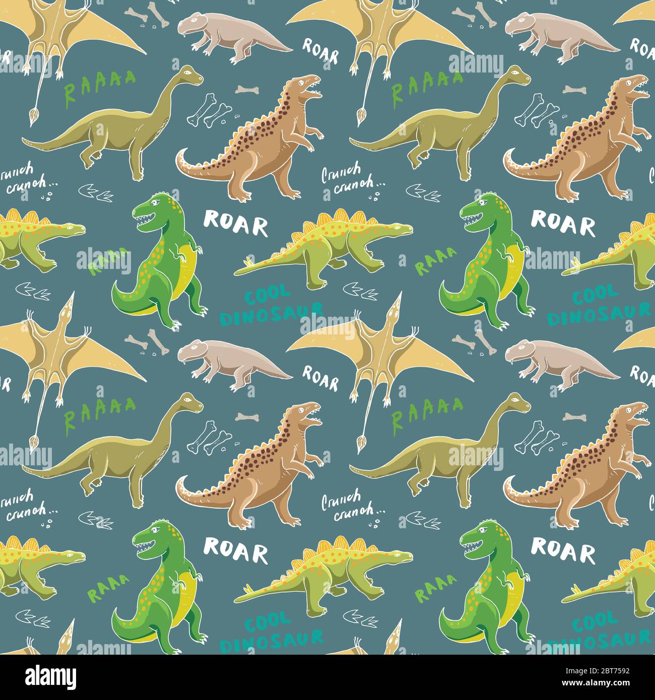 Dino Seamless Pattern, Cute Cartoon Hand Drawn Dinosaurs Doodles Vector Illustration Stock ...