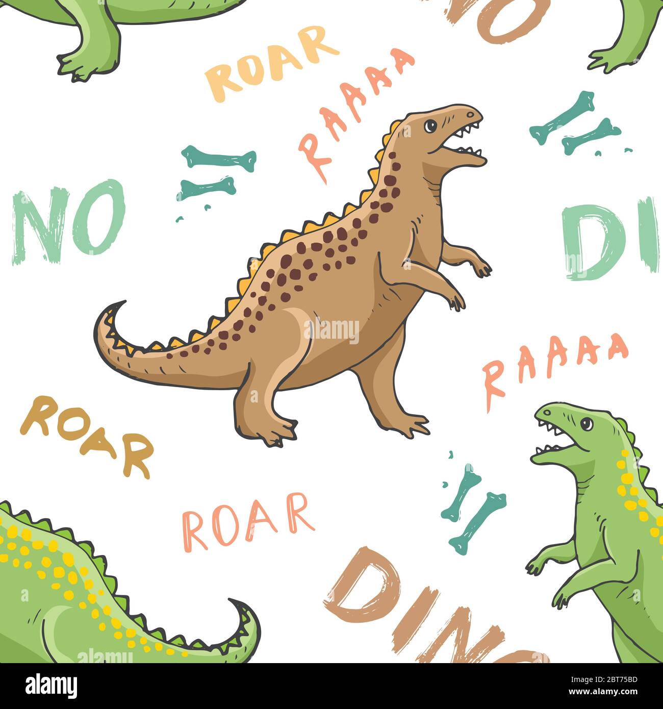 Dino Seamless Pattern, Cute Cartoon Hand Drawn Dinosaurs Doodles Vector Illustration Stock ...