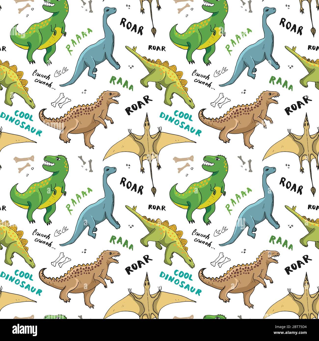 Dino Seamless Pattern, Cute Cartoon Hand Drawn Dinosaurs Doodles Vector Illustration Stock ...