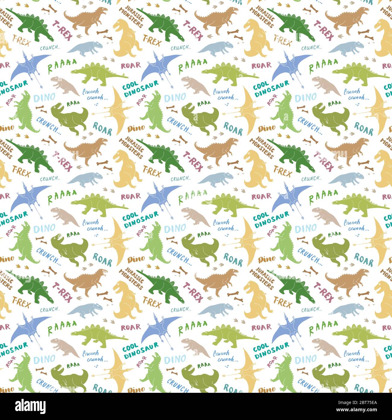 Dino Seamless Pattern, Cute Cartoon Hand Drawn Dinosaurs Doodles Vector ...
