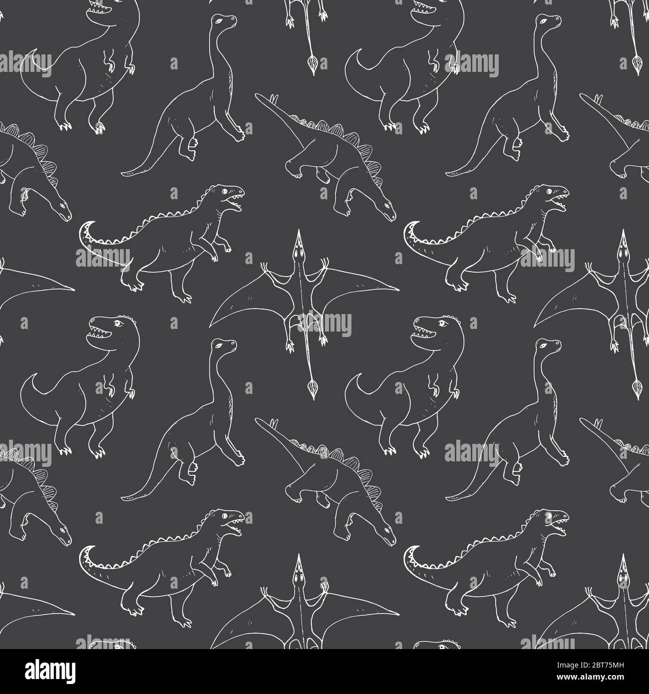 Dino Seamless Pattern, Cute Cartoon Hand Drawn Dinosaurs Doodles Vector Illustration Stock ...
