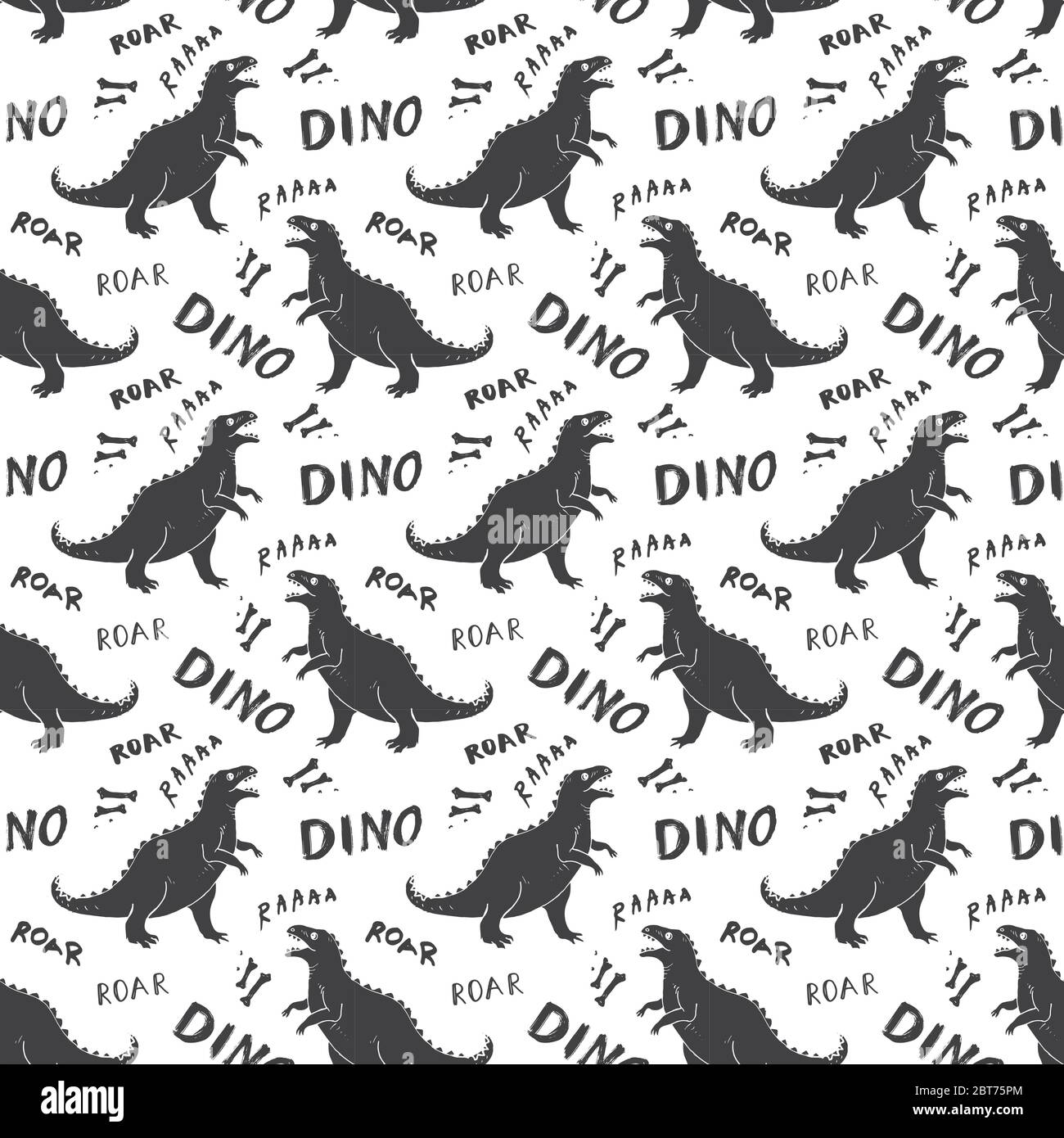 Dino Seamless Pattern, Cute Cartoon Hand Drawn Dinosaurs Doodles Vector Illustration Stock ...