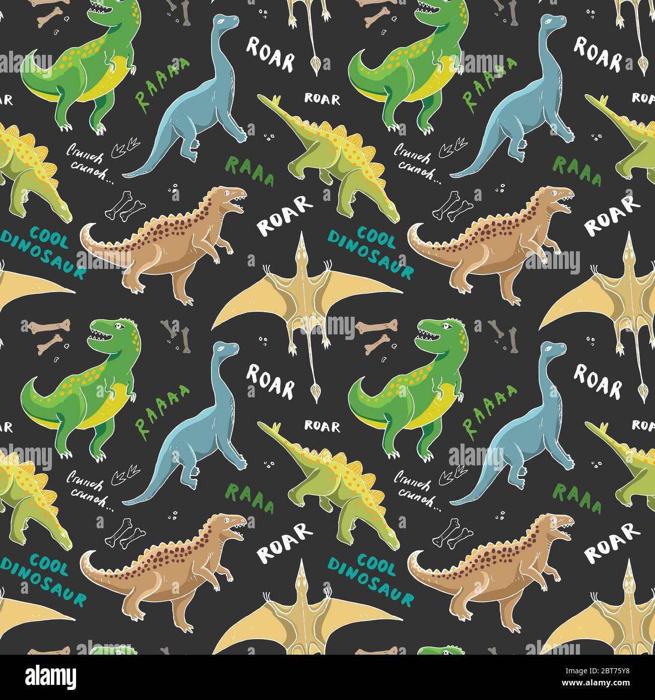 Dino Seamless Pattern, Cute Cartoon Hand Drawn Dinosaurs Doodles Vector ...