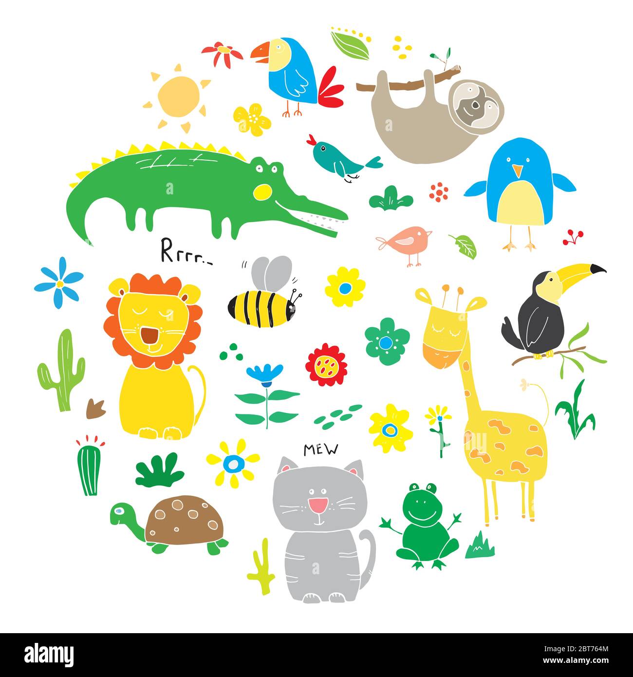 Animal Doodles Set. Cute Animals sketch. Hand drawn Cartoon Vector ...
