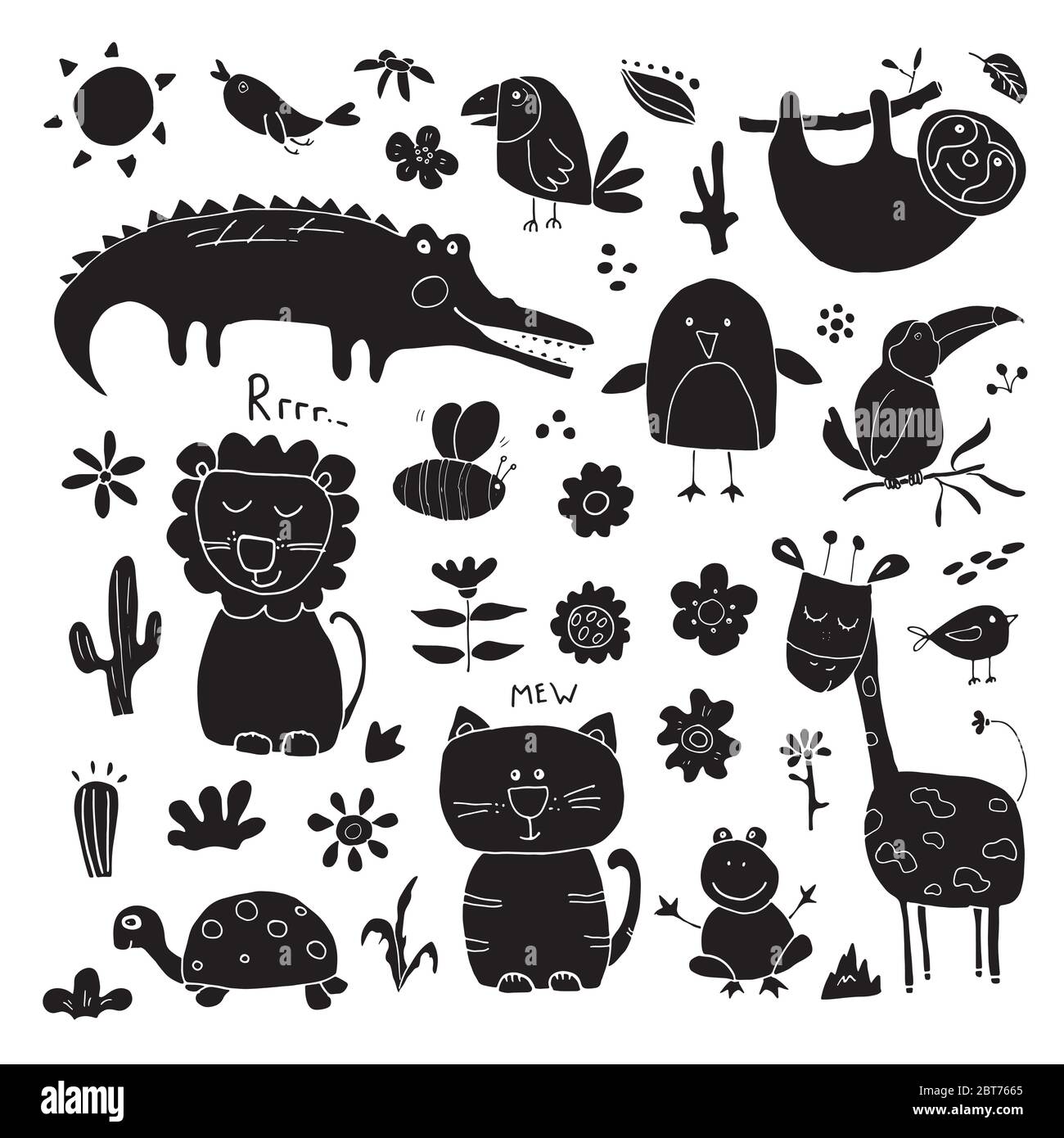 Animal Doodles Set. Cute Animals sketch. Hand drawn Cartoon Vector ...