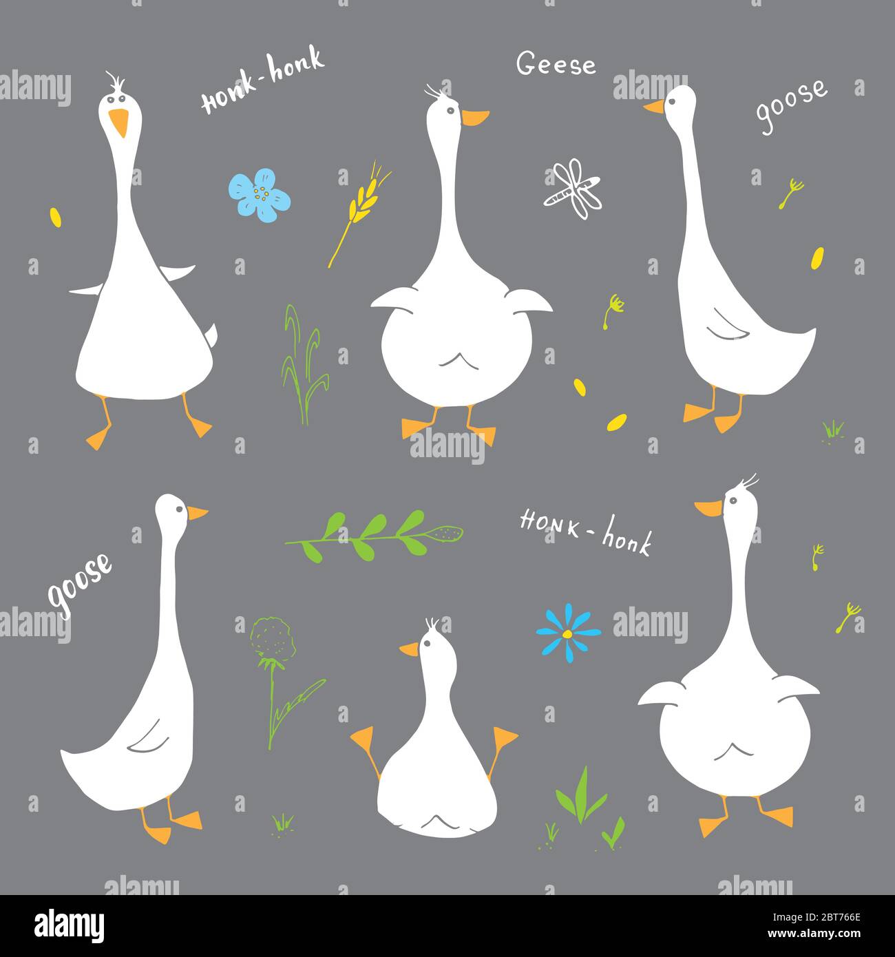 Goose Doodles Set. Cute Geese sketch. Hand drawn Cartoon Vector ...