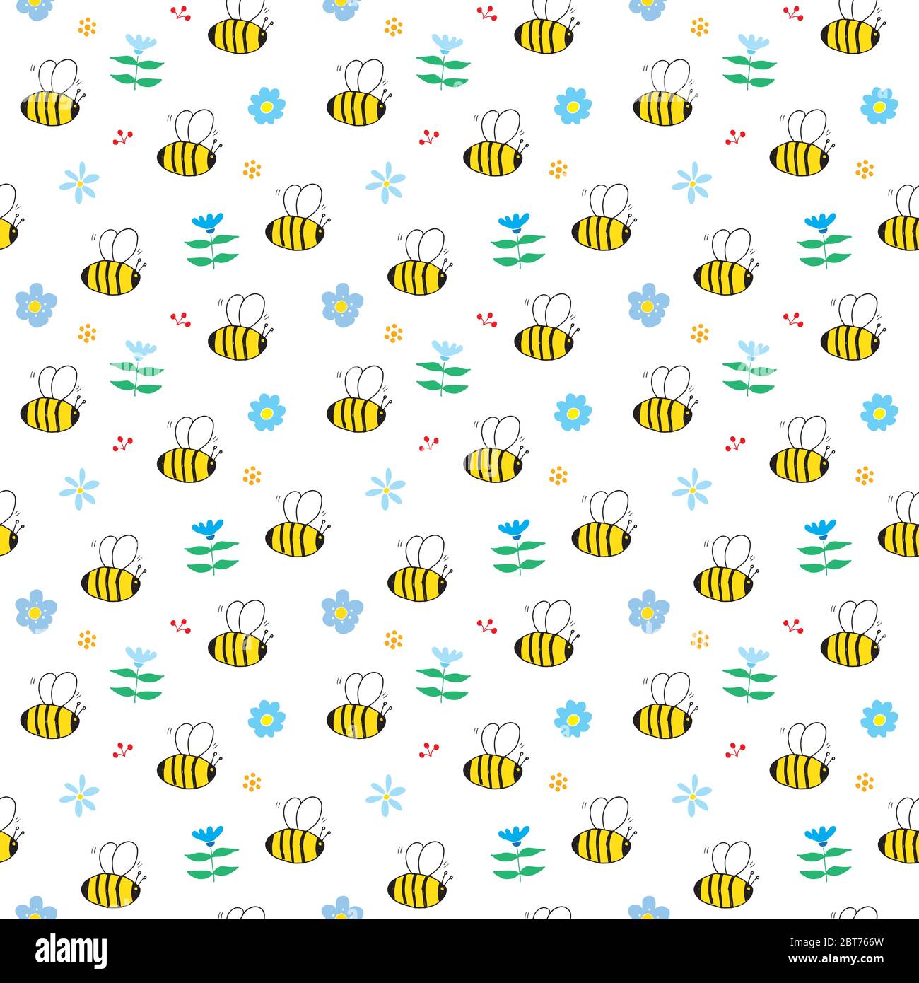 Cute Bee Seamless Pattern, Cartoon Hand Drawn honeybee Doodles Vector ...
