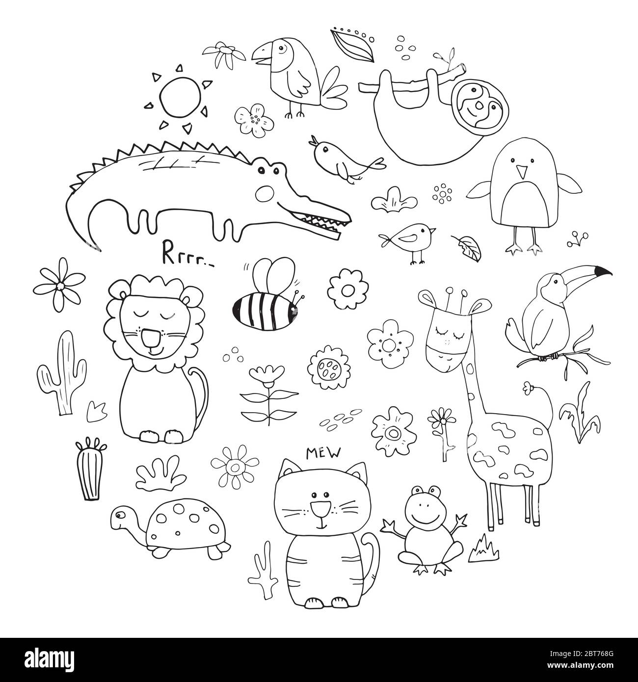 Animal Doodles Set. Cute Animals sketch. Hand drawn Cartoon Vector ...