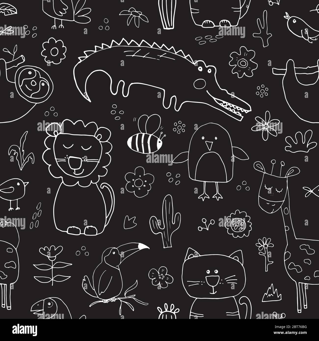 Cute Animals Seamless Pattern, Cartoon Hand Drawn Animal Doodles Vector ...