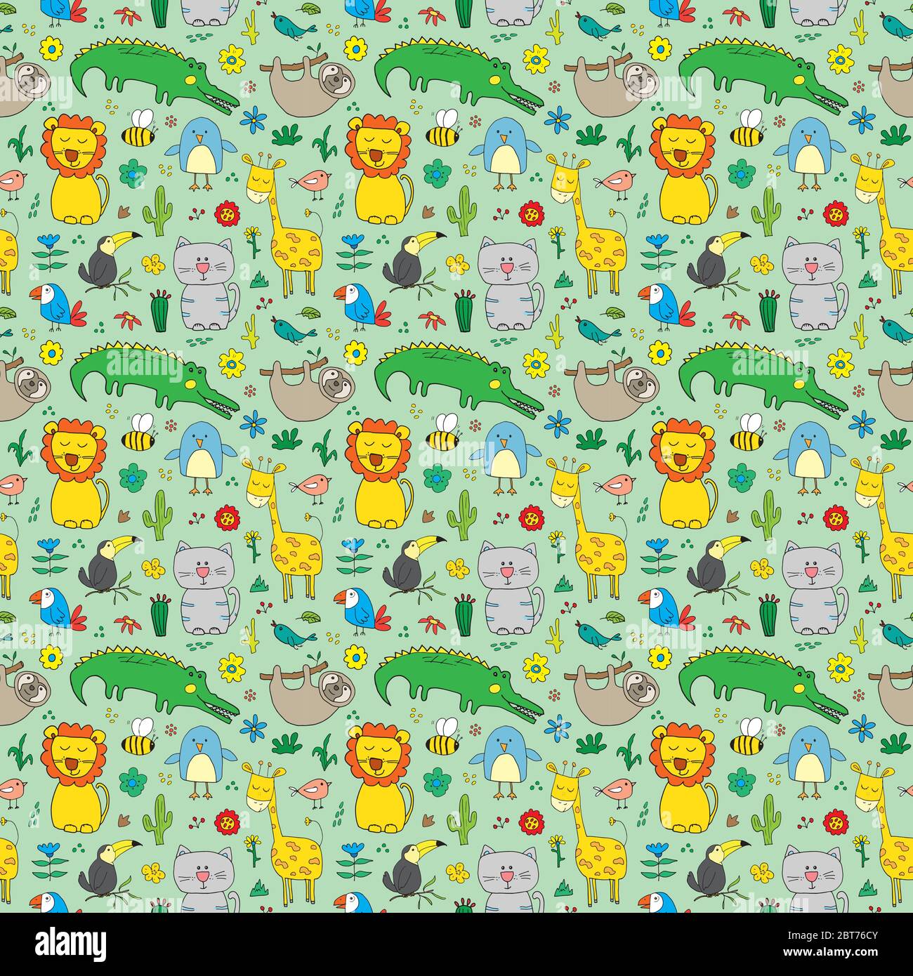 Cute Animals Seamless Pattern, Cartoon Hand Drawn Animal Doodles Vector ...